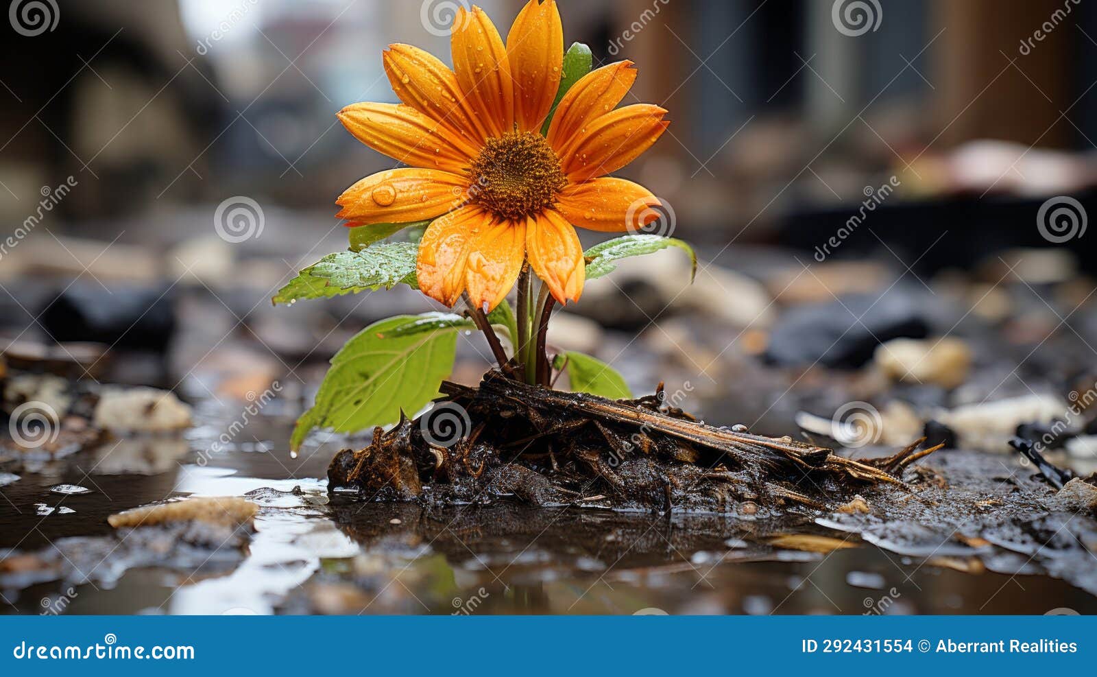 An Orange Flower Growing in a Puddle of Water Stock Illustration ...