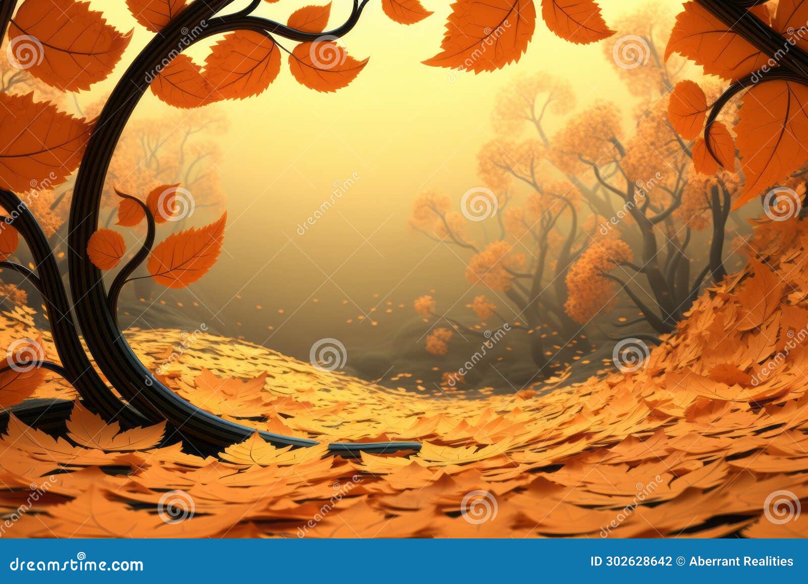 An Orange Forest Scene with Leaves on the Ground Stock Illustration ...