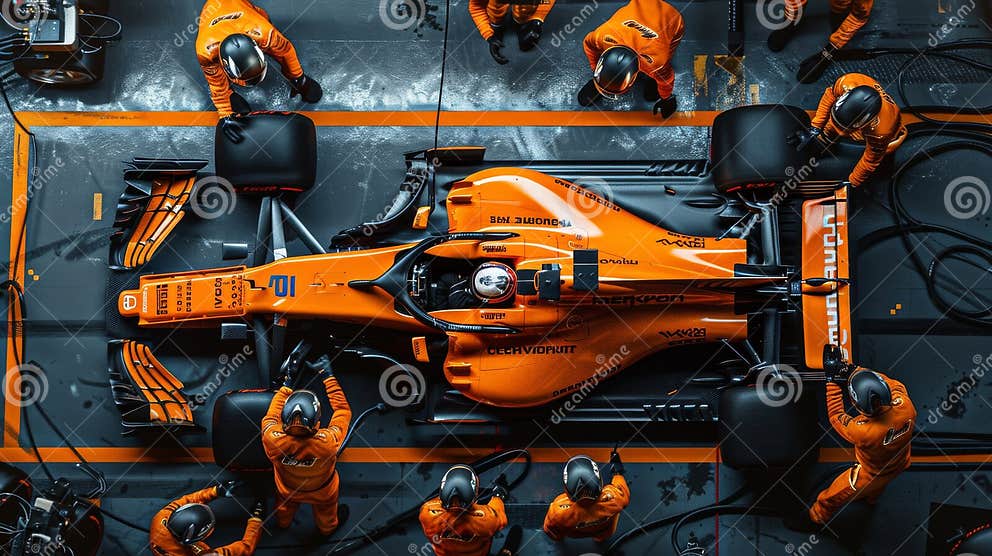 Orange Formula One Car in the Pit Stop with Team Members. Generative AI ...