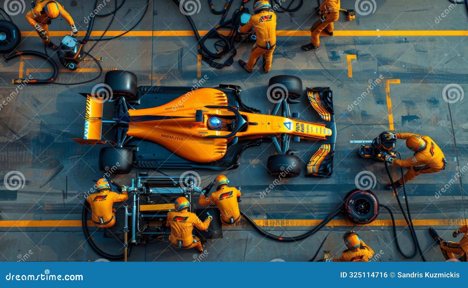 Orange Formula One Car in the Pit Stop with Team Members. Generative AI ...