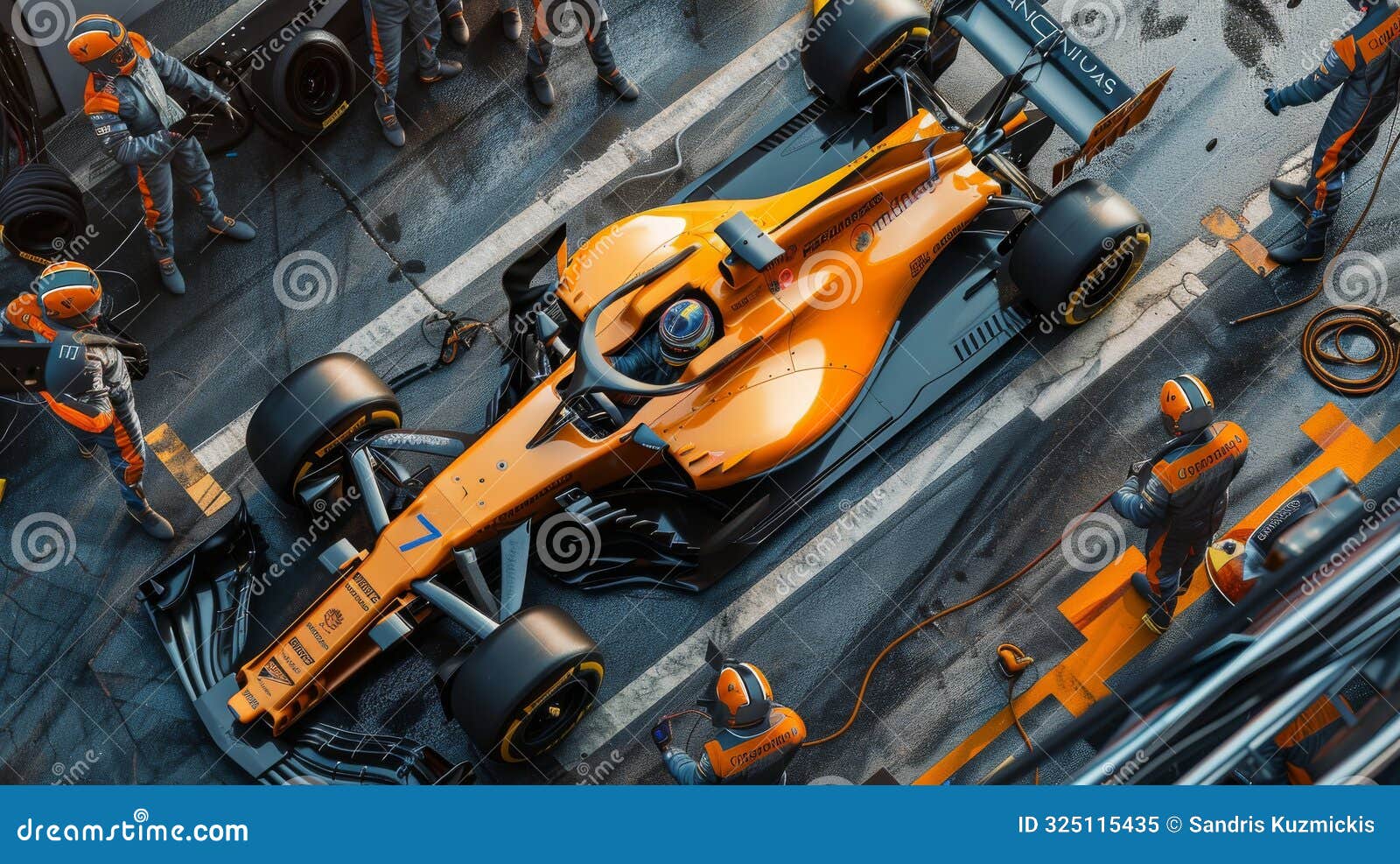 Orange Formula One Car in the Pit Stop with Team Members. Generative AI. Stock Illustration ...