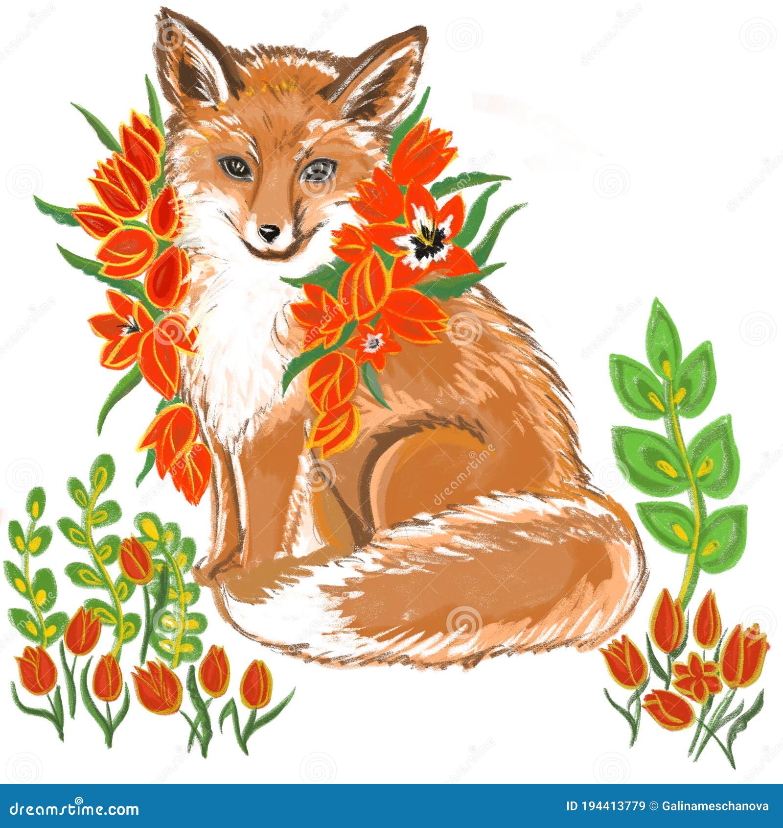 Orange Fox Sits in a Red Flowers Tulips Stock Illustration ...