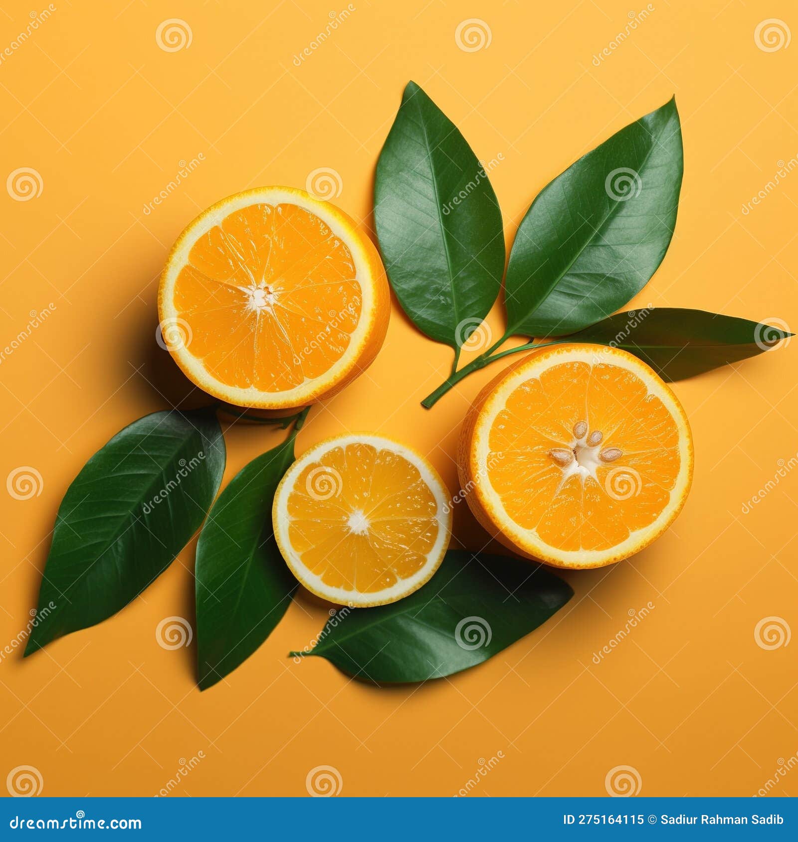 Orange Fruit and Green Leaves on Orange Background. Flat Lay, Top View ...