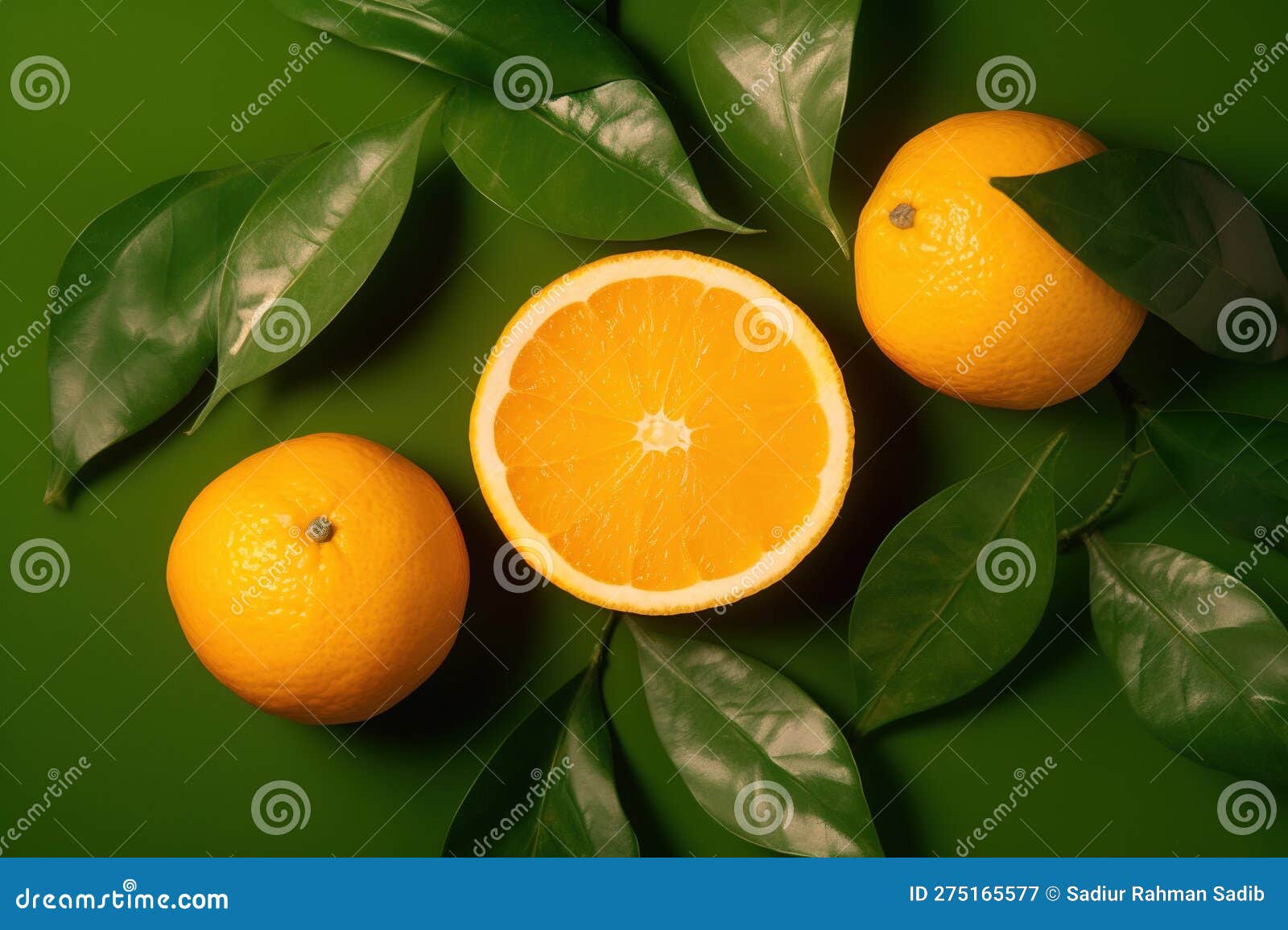 Orange Fruit and Green Leaves on Orange Background. Flat Lay, Top View ...