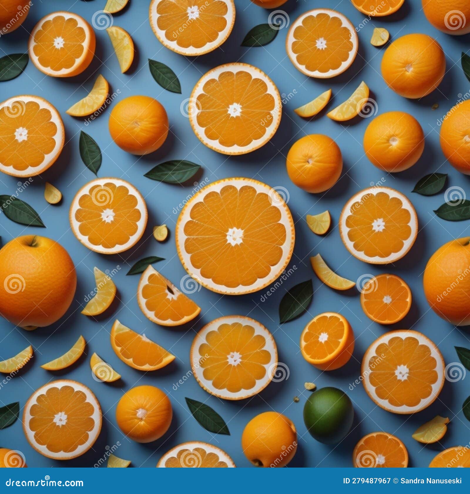 Orange Fruit Patterns Seamless Flatlay on Blue Background Illustration ...