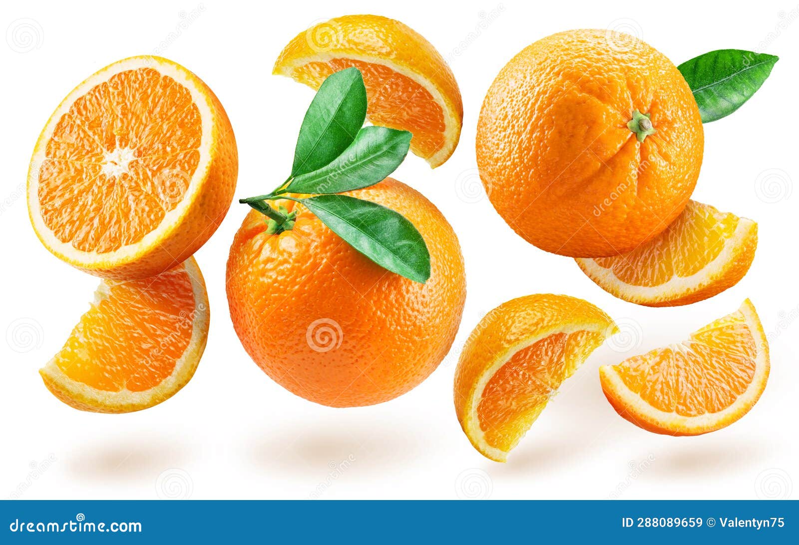 Orange Fruits and Slices of Orange Fruit Levitating in Air on White ...