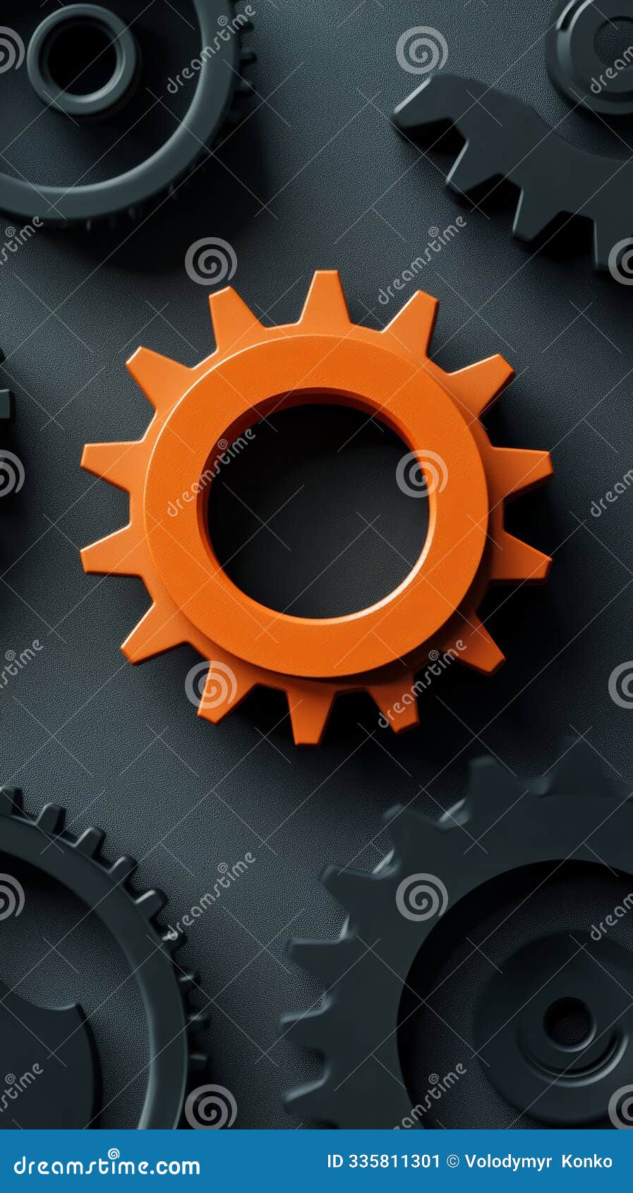Orange Gear Surrounded by Black Gears on Textured Surface. Industrial ...