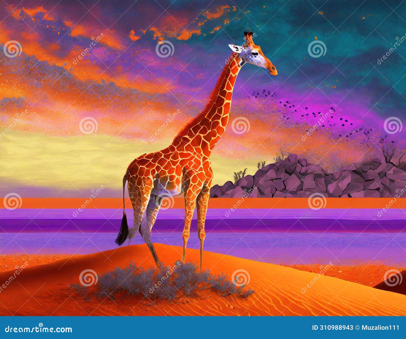 Orange Giraffe on Lilac Yellow Background Stock Illustration ...