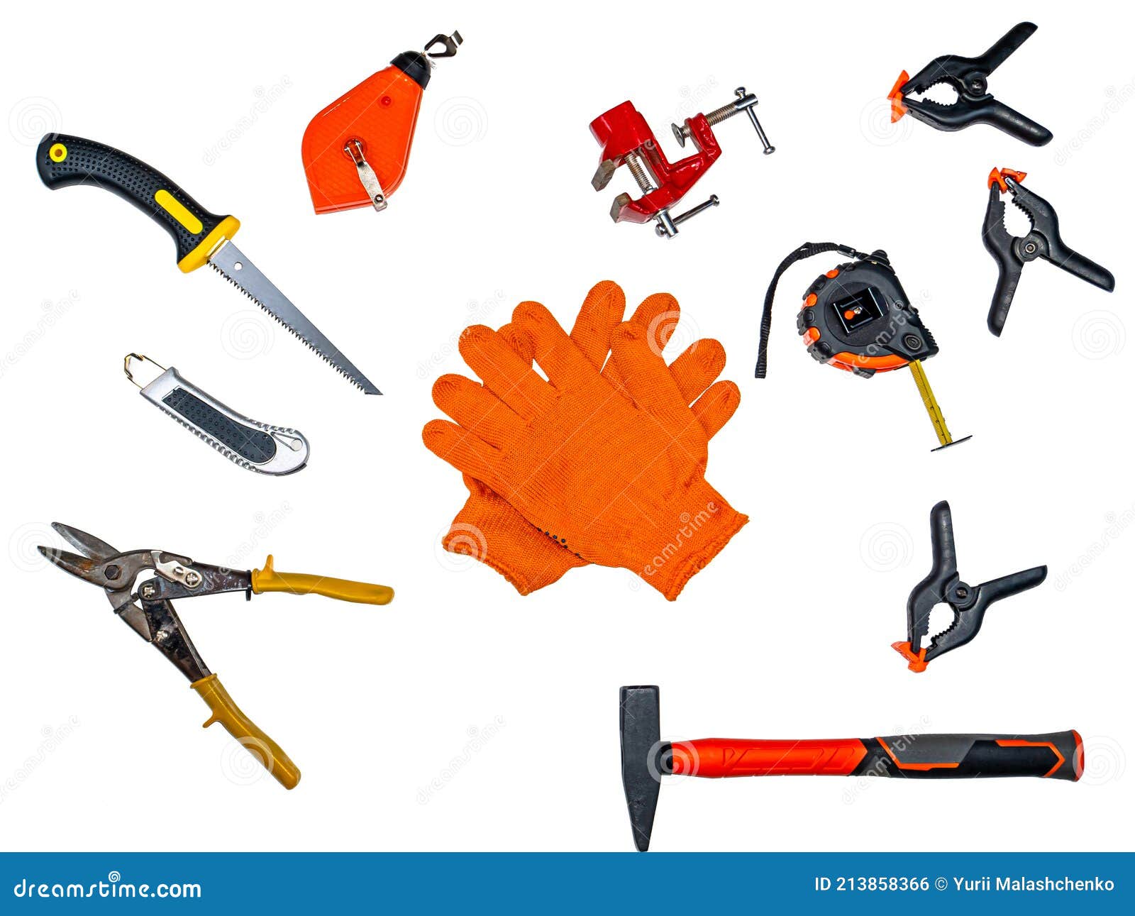 Orange Gloves of a Worker and a Construction Tool Stock Photo - Image ...