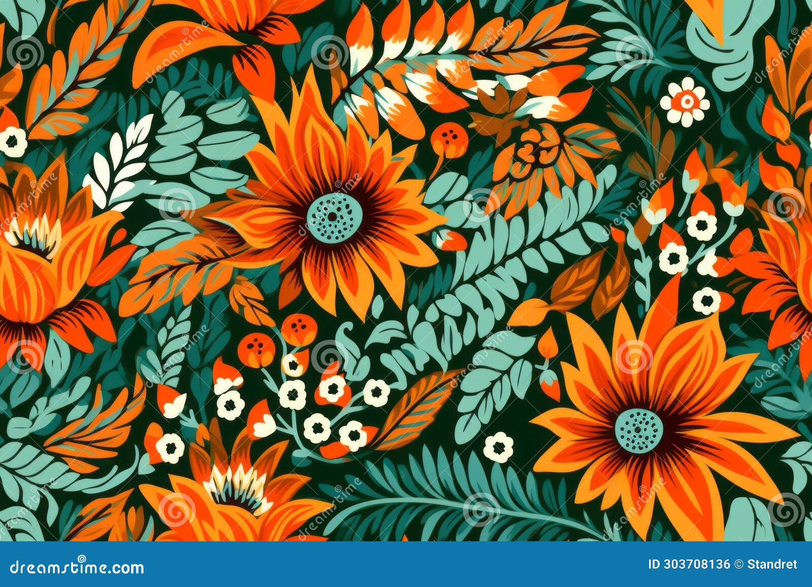 Orange and Green Floral Pattern, Vector. Beautiful Illustration Picture ...