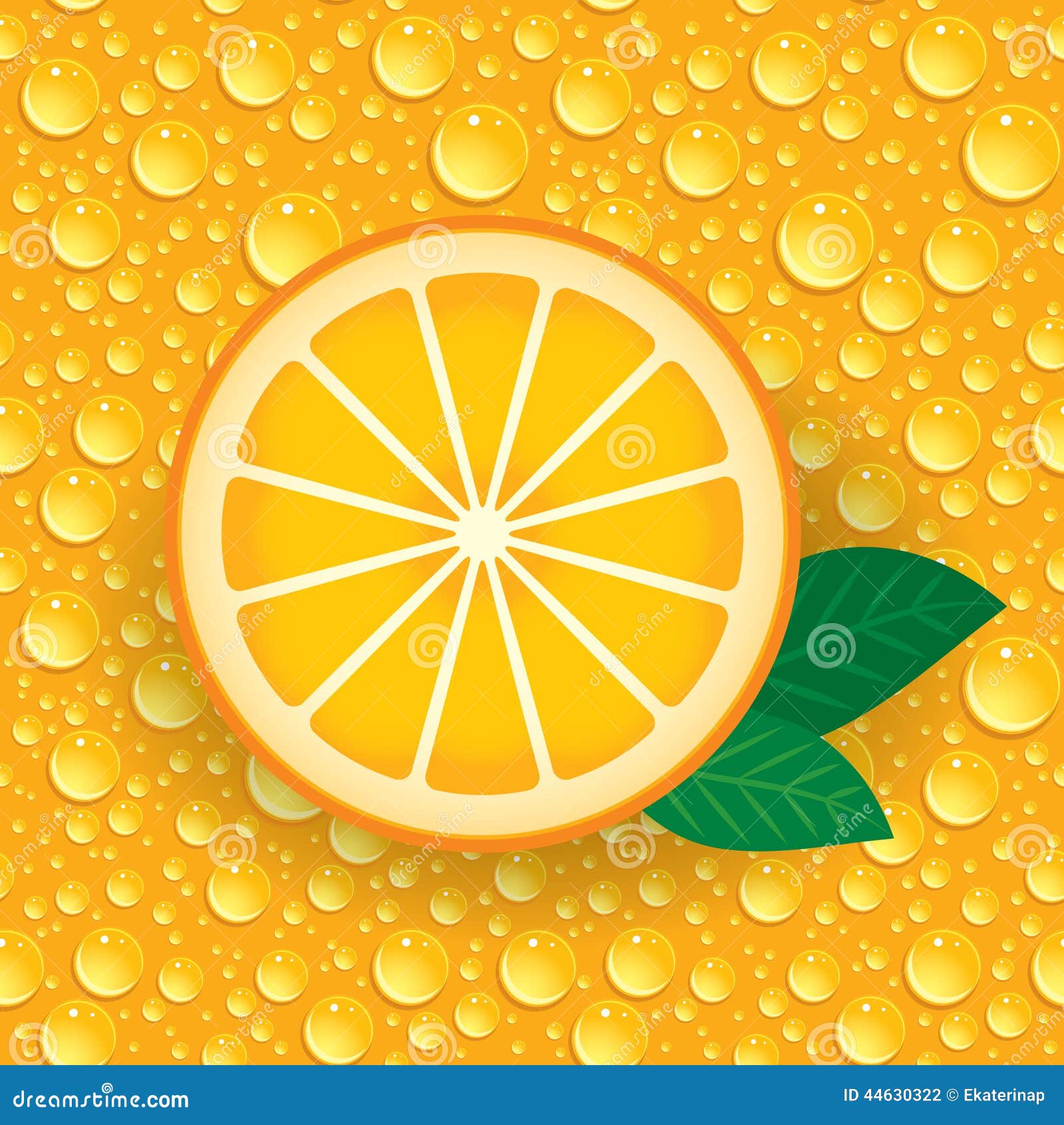 Orange with Green Leaves on a Background of Orange Drops. Vector Stock ...