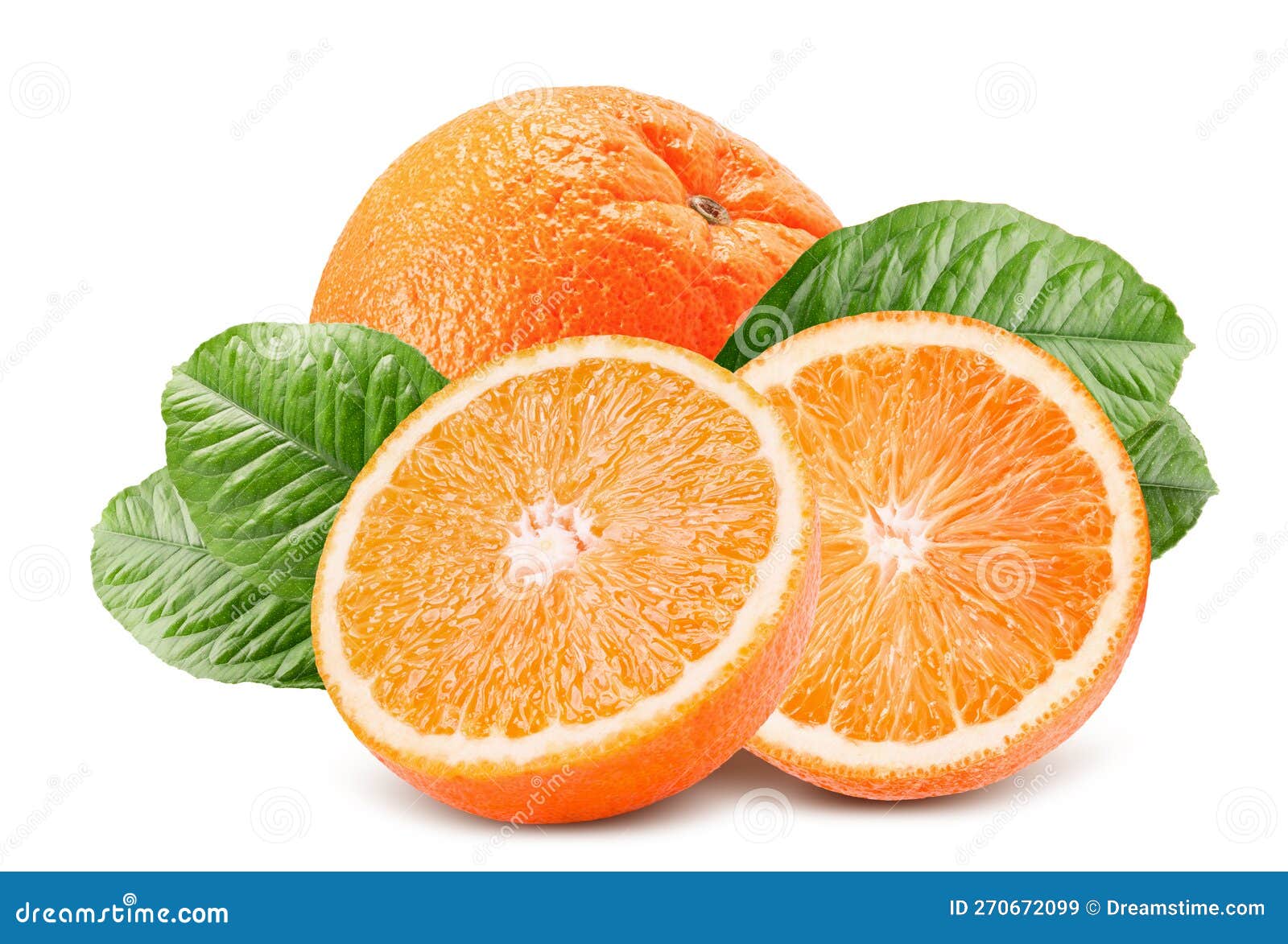 Orange with Halves of Orange with Leaves Isolated on a White Background ...