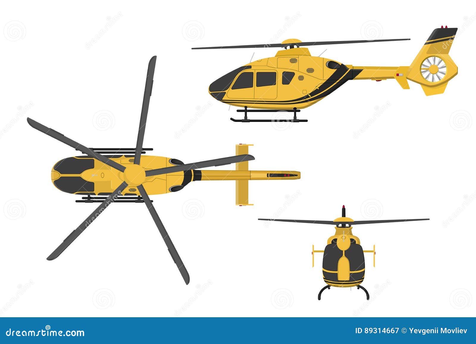 Orange Helicopter on a White Background. Side, Front, Top View Stock ...