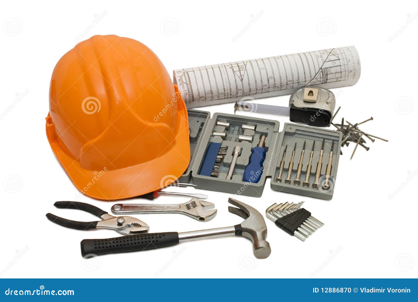 Orange Helmet and Different Tools Isolated Stock Photo - Image of ...