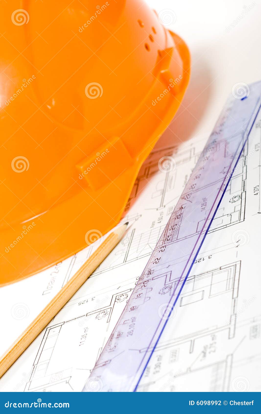 Orange Helmet, Pencil, Ruler and Blueprint Stock Photo - Image of ...