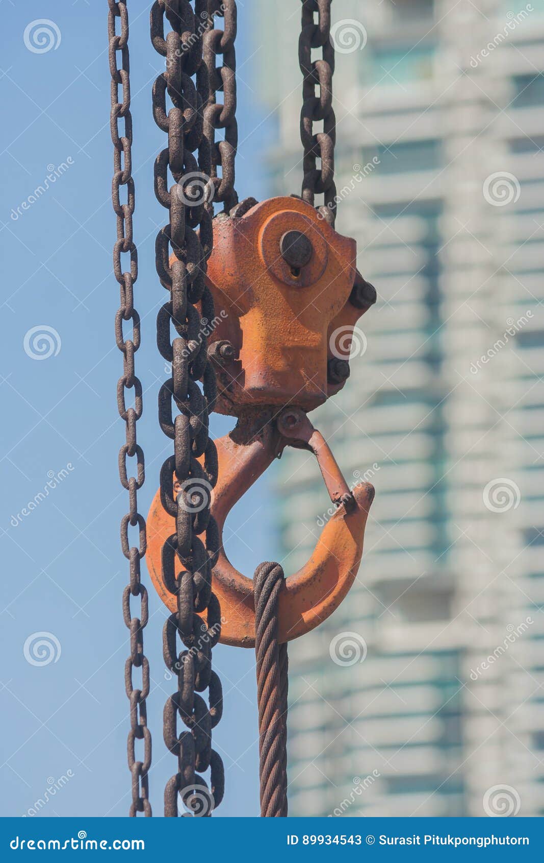 Orange Hook With Sling Belt And Chain Block Or Chain Hoist, With A ...