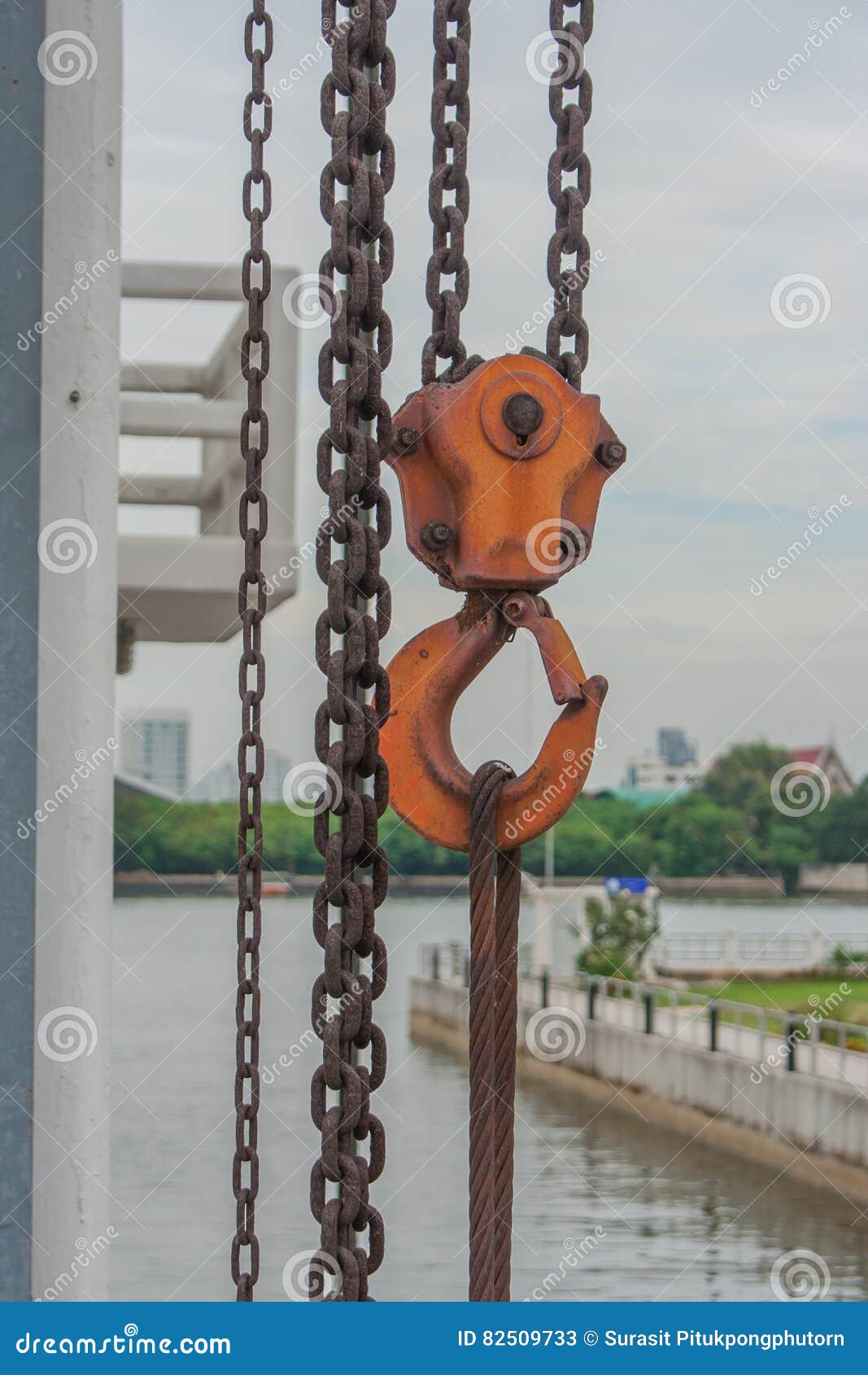 Orange Hook With Sling Belt And Chain Block Or Chain Hoist, With A ...