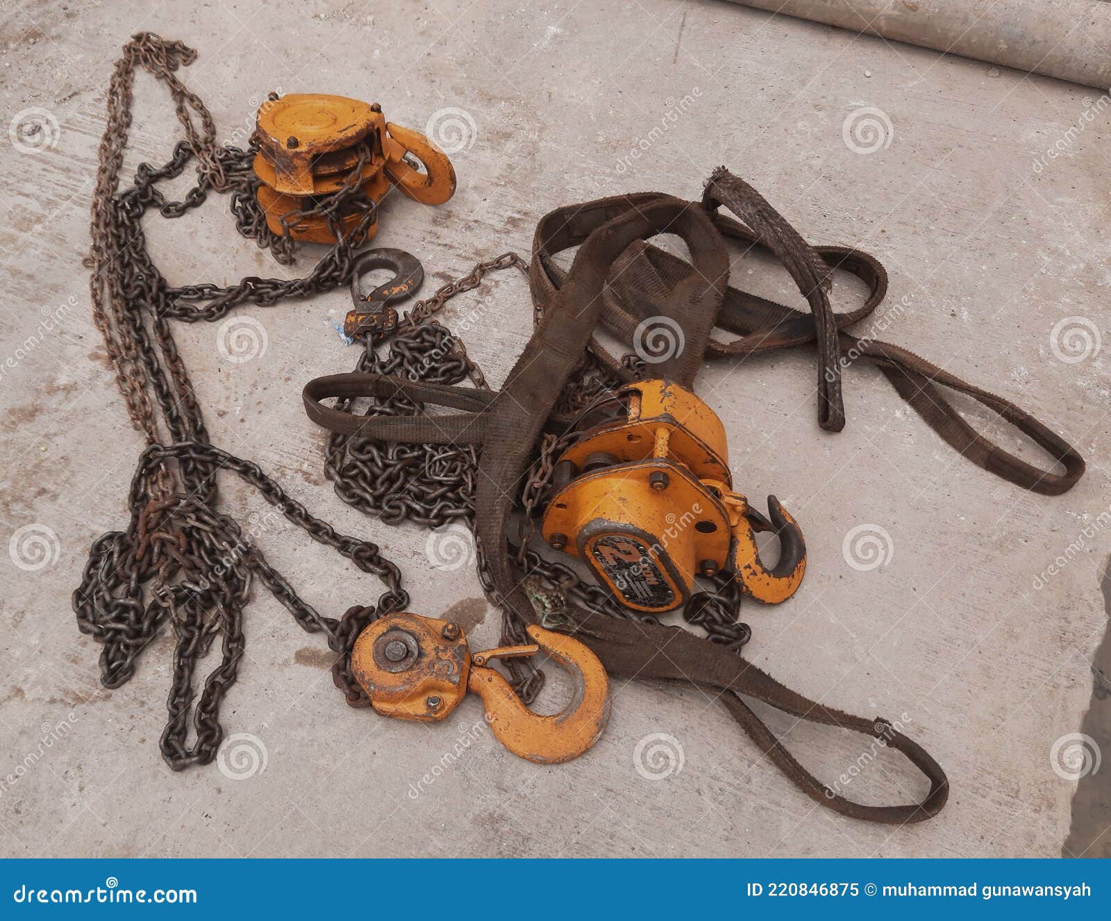 Orange Hook With Sling Belt And Chain Block Or Chain Hoist, With A ...