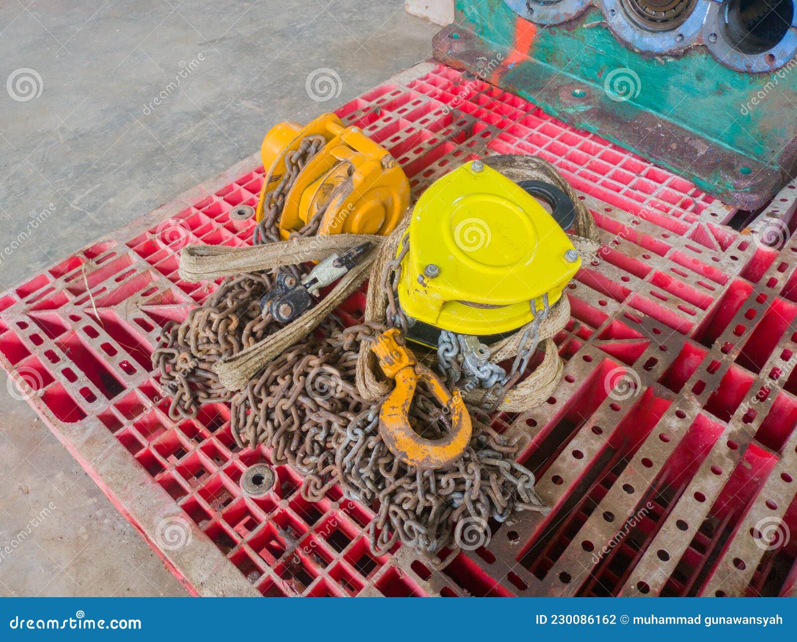 Orange Hook With Sling Belt And Chain Block Or Chain Hoist, With A ...