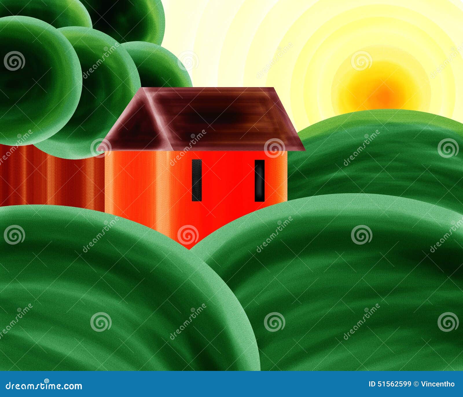 Orange House Sunset Landscape Painting Canvas Stock Illustration ...