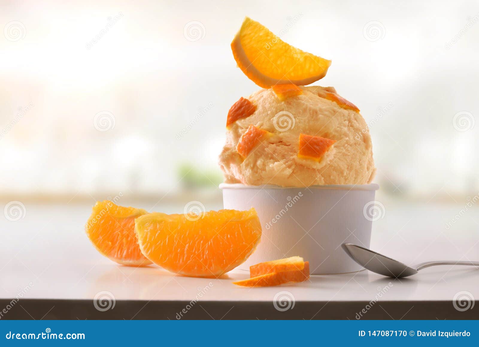 Orange Ice Cream Cup on White Table Homemade in Kitchen Stock Photo ...