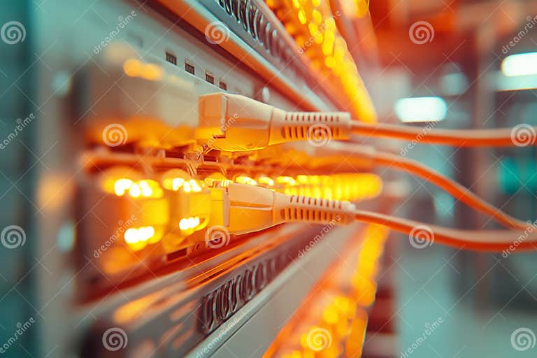 Orange Illuminated Server Rack Showcasing High Performance Computing Active Network Connections ...