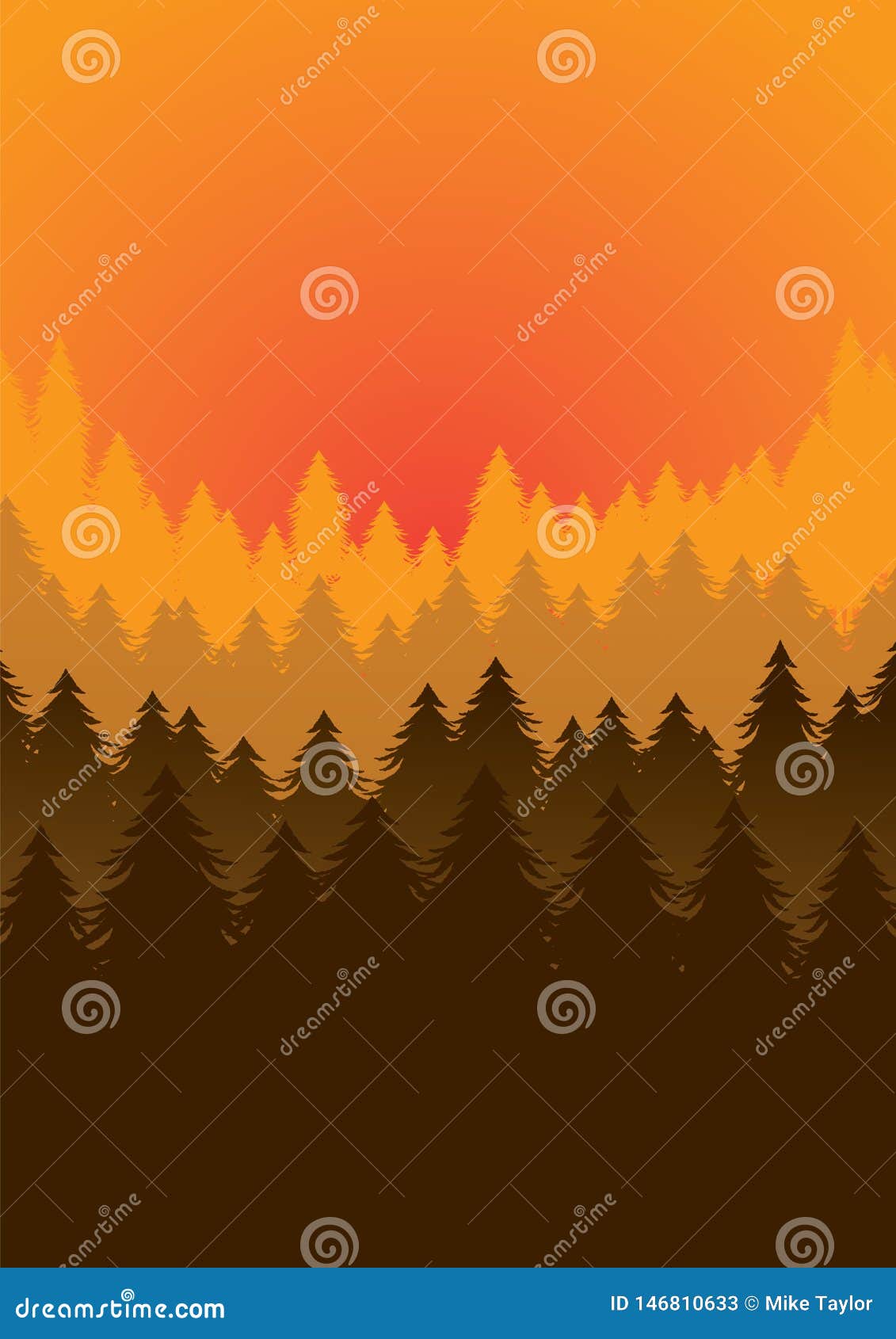 Orange Sky Vector Forest Scene Stock Illustration - Illustration of ...