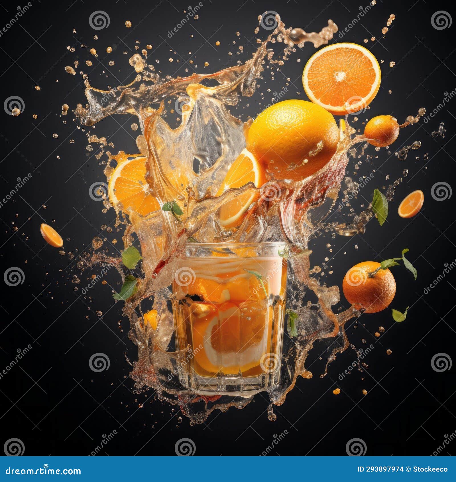 Orange Juice Splash on Black Background with Citrus Fruit Stock ...