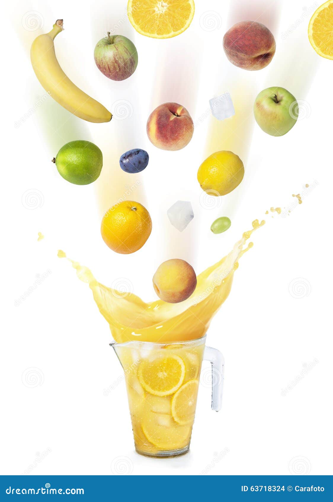 Orange Juice Splash with Fruit Rain Stock Photo - Image of freshness ...
