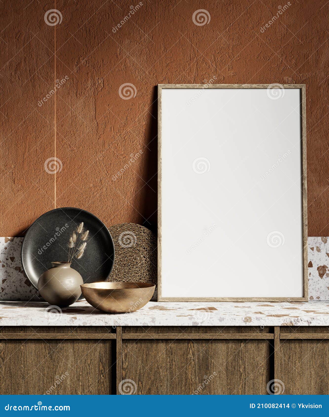 Orange Kitchen Interior with Terrazzo Countertop, and Blank Frame ...