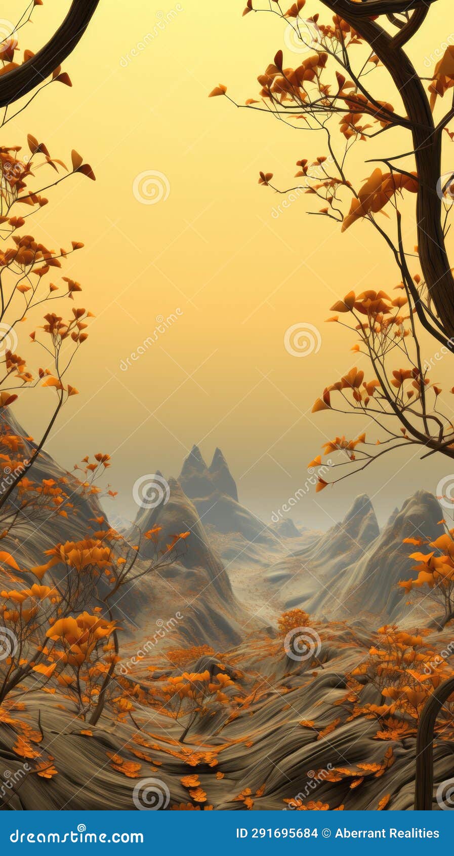 An Orange Landscape with Trees and Mountains in the Background Stock ...