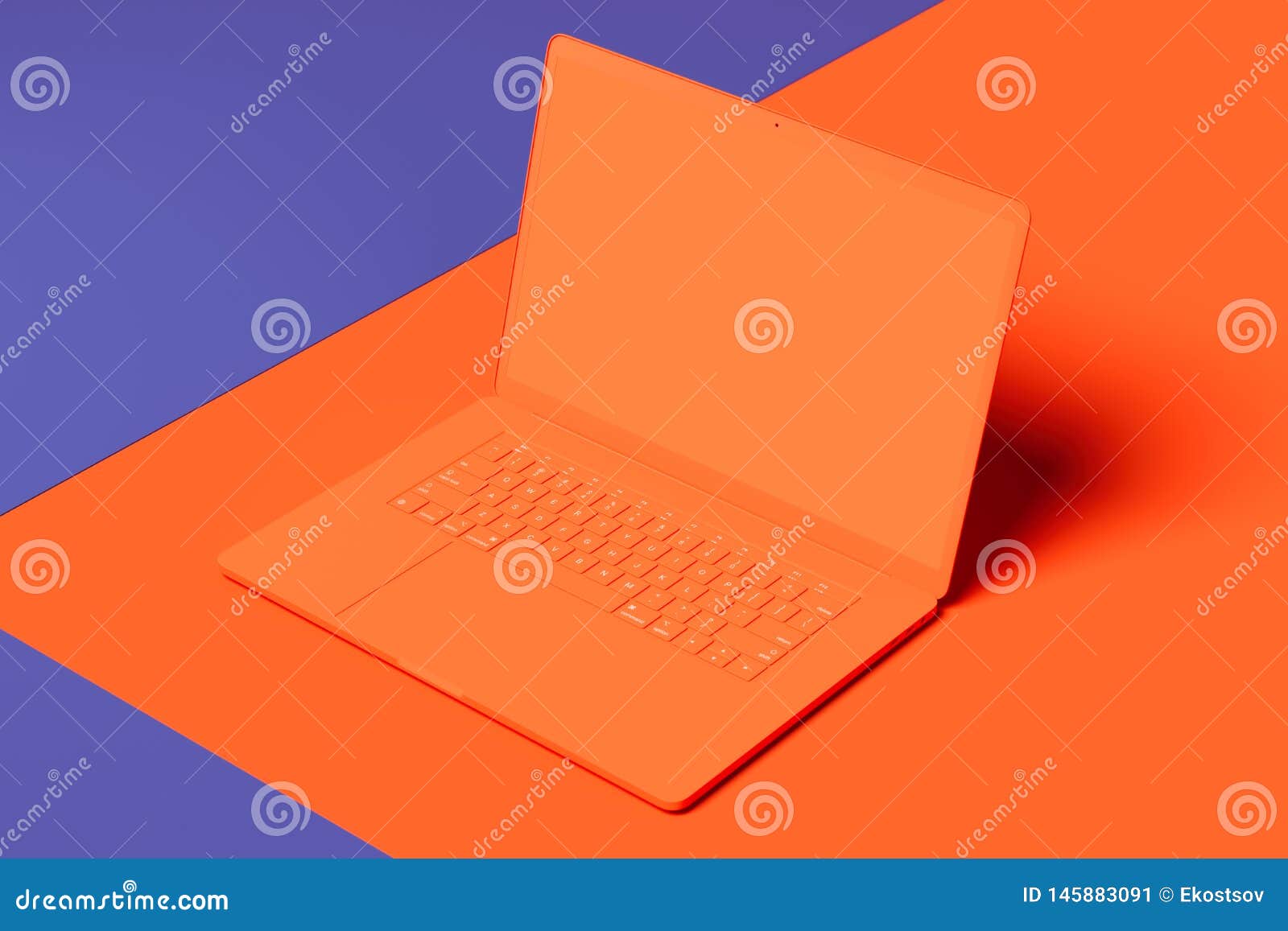 Orange Laptop With White Blank Screen Isolated On Orange And Blue ...