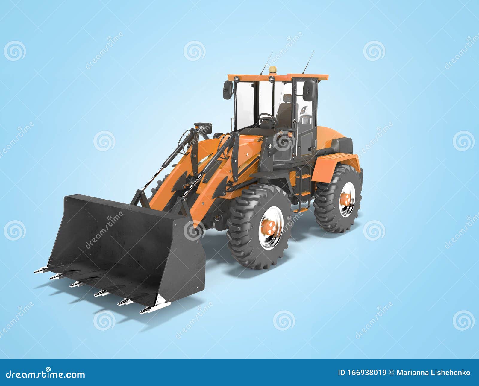 Orange Large Road Frontal Loader for Road Works 3D Rendering on Blue ...