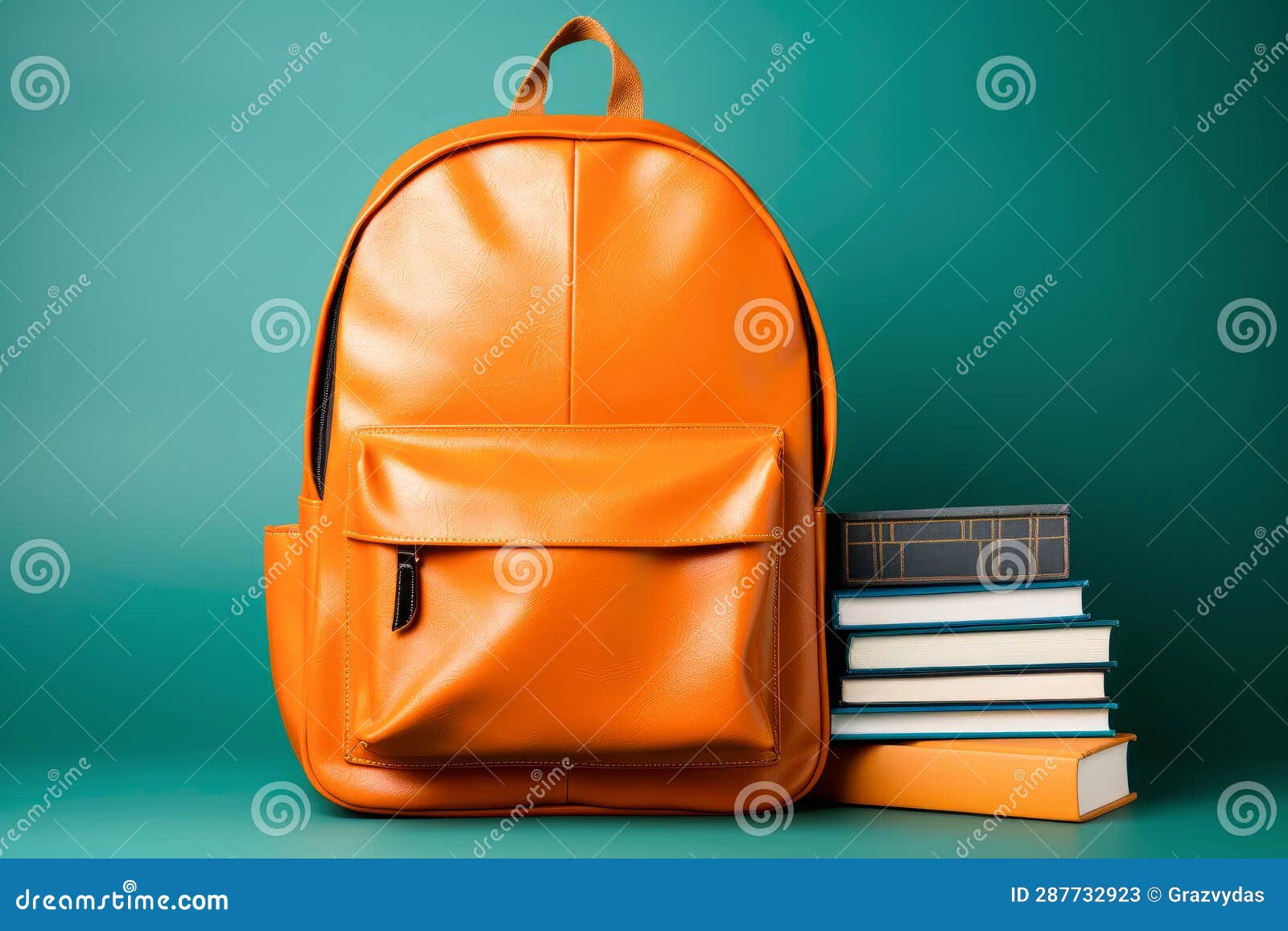 Orange Leather School Backpack with Books on the Blue Background Stock ...