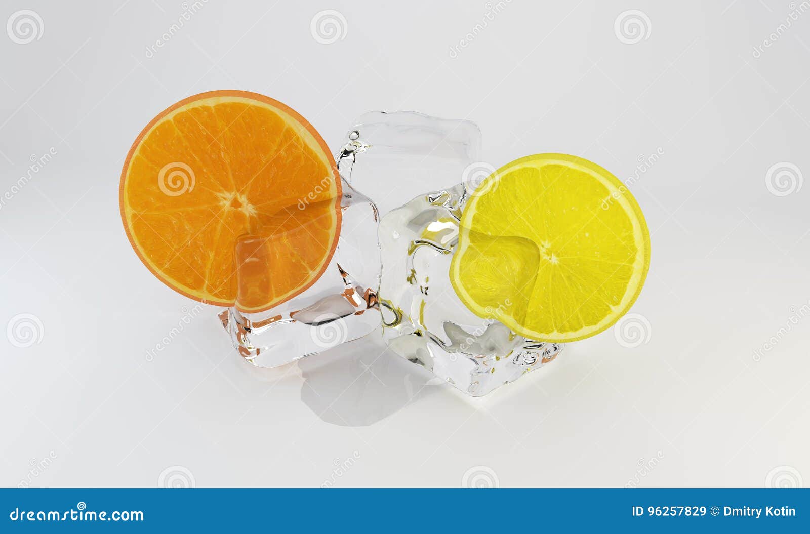 Orange and Lemon Frozen in Ice Cube. 3d Rendering Stock Image - Image ...
