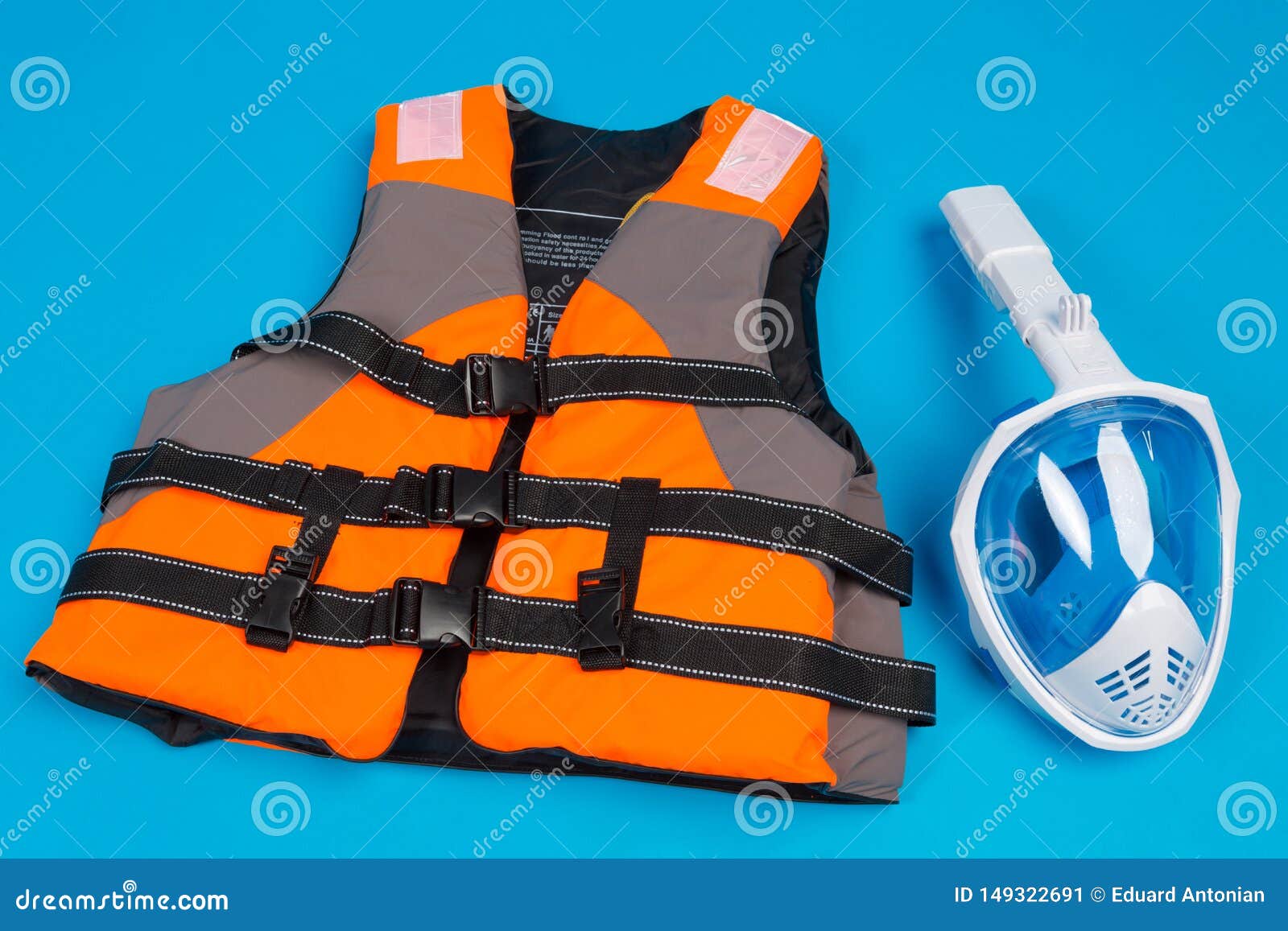 Orange Life Jacket and Full Face Mask for Diving, Concept of Diving and ...