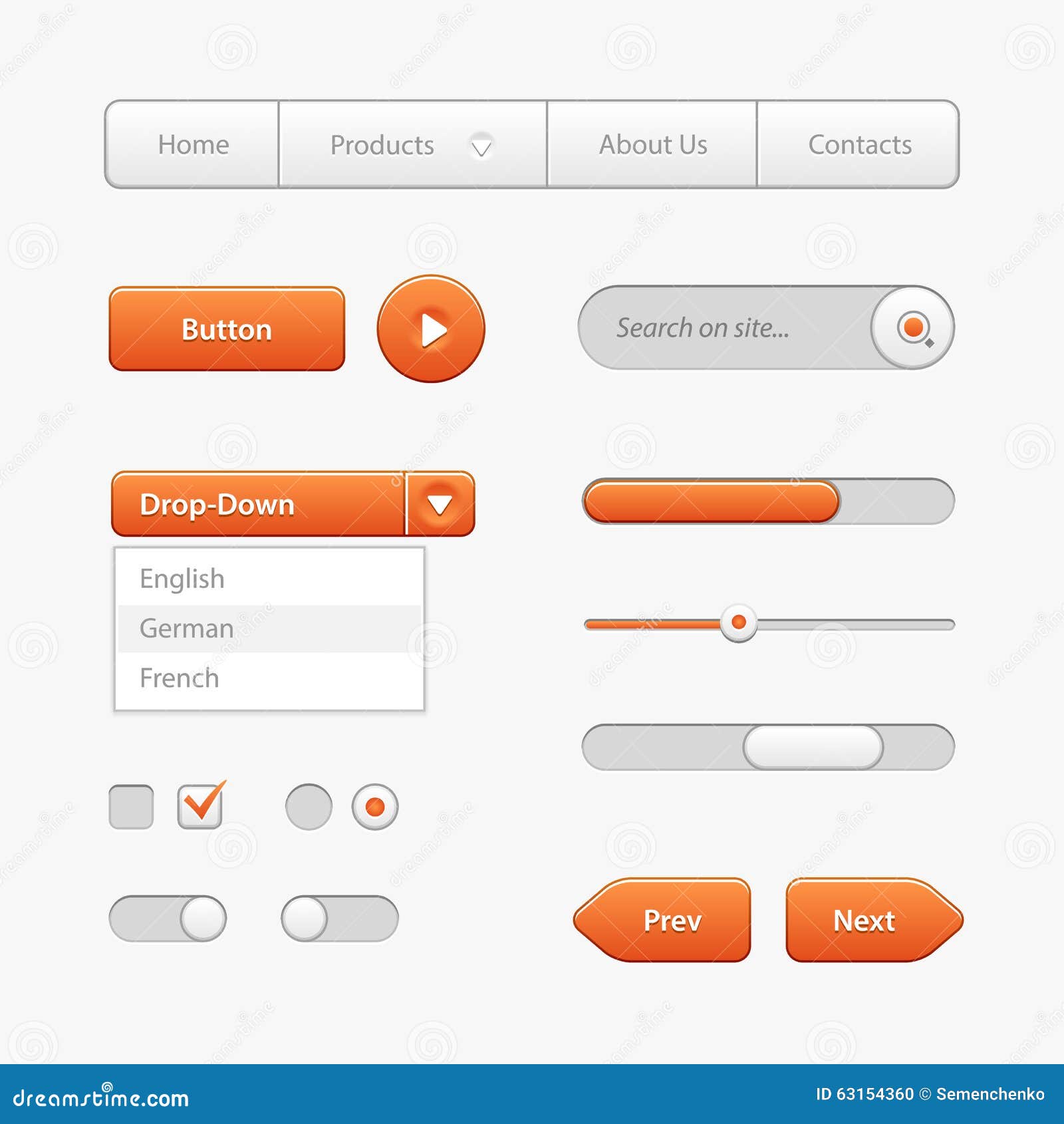 Orange Light User Interface Controls. Web Elements. Website, Software UI: Buttons, Switchers ...