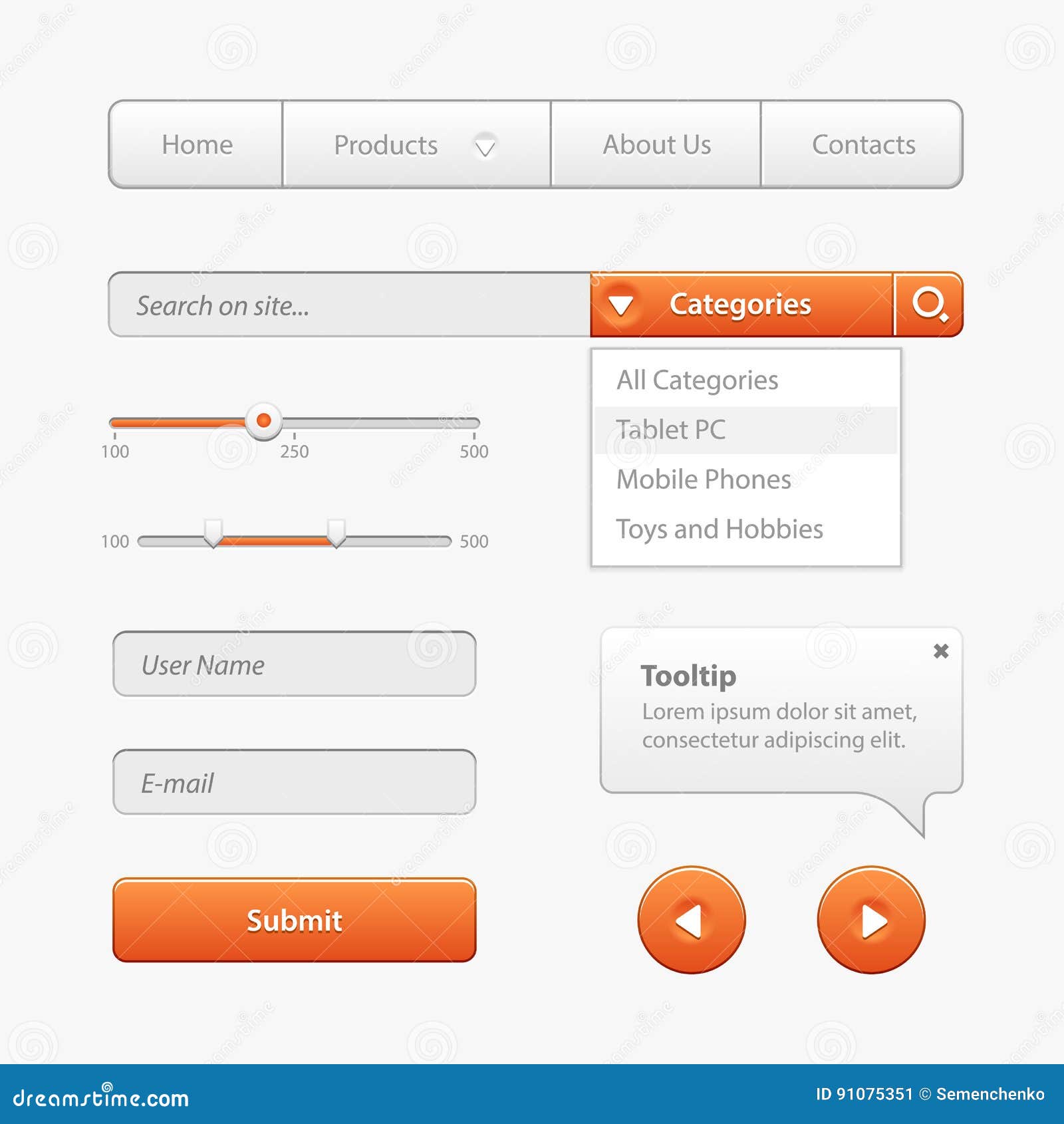 Orange Light User Interface Controls. Web Elements. Website, Software UI: Buttons, Switchers ...