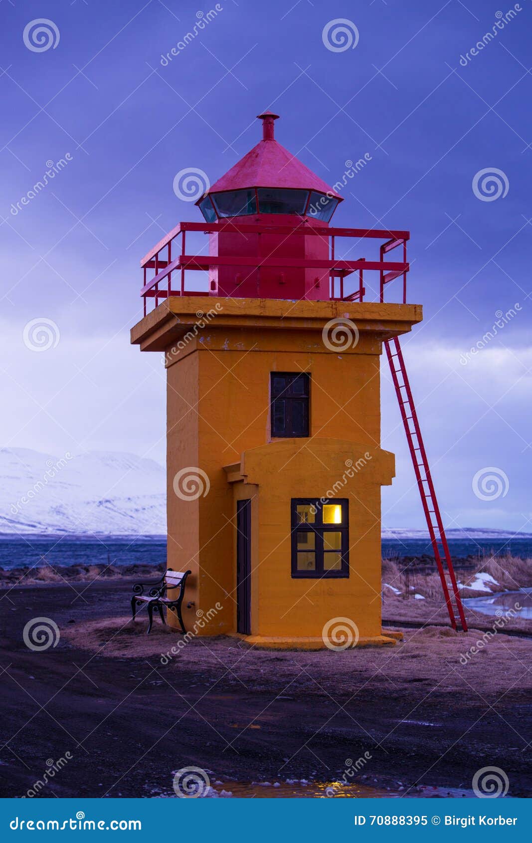 Orange Lighthouse in the Evening, Iceland Stock Image - Image of night ...