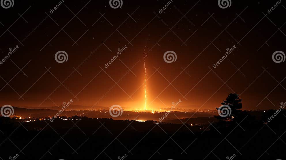 Orange Lightning Strikes in the Night Stock Illustration - Illustration ...