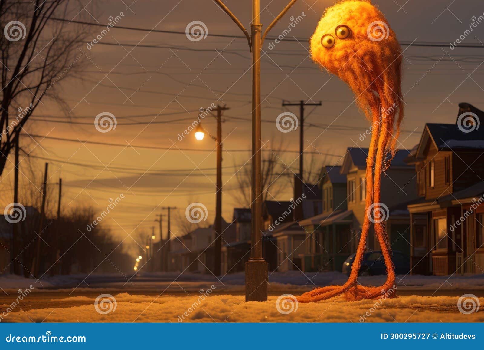 An Orange, Long-legged Monster Trying To Hide Behind a Thin Lamp Post ...