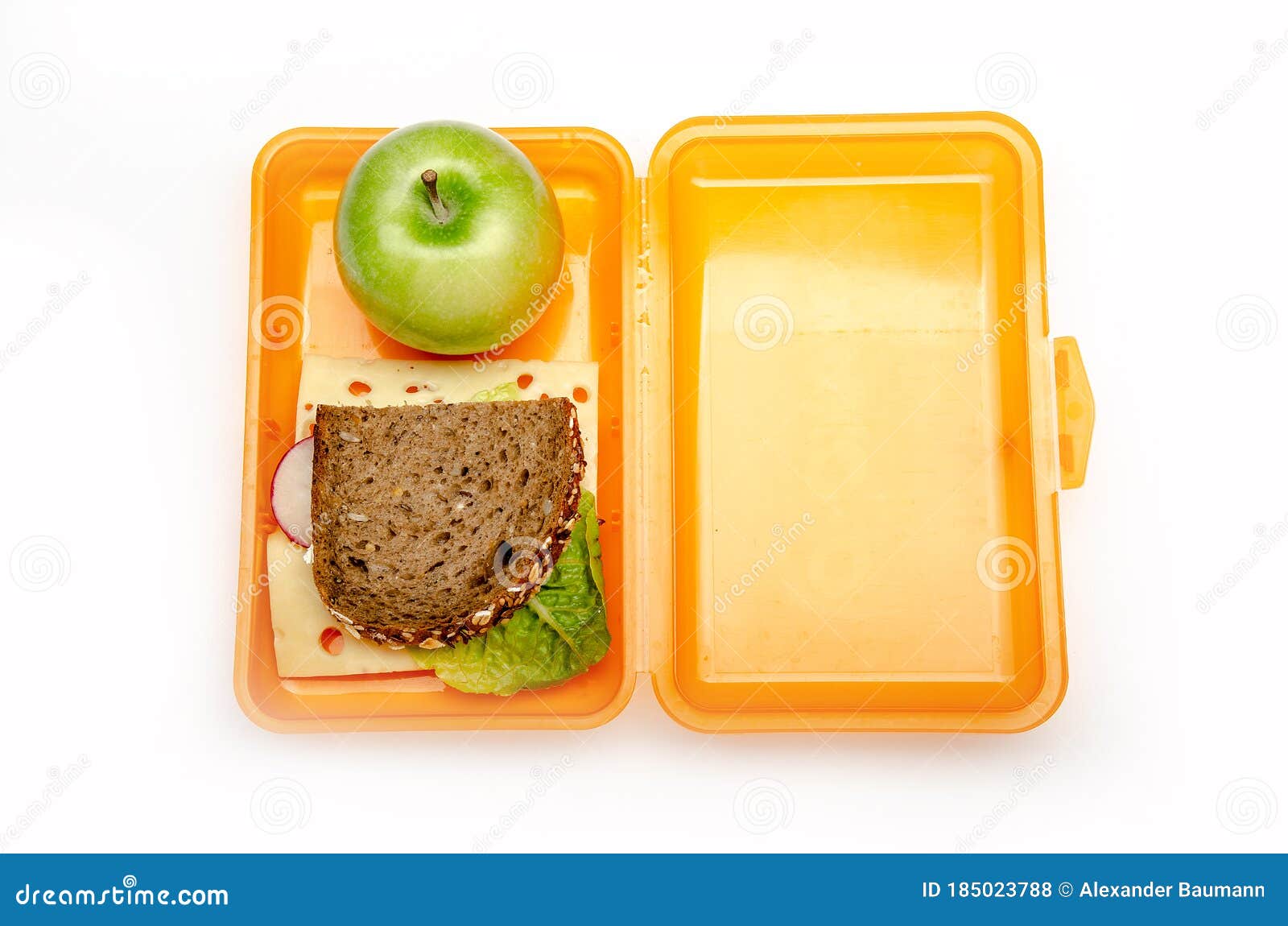 Orange Lunch Box with Bread and Apple on White Background, Isolated ...