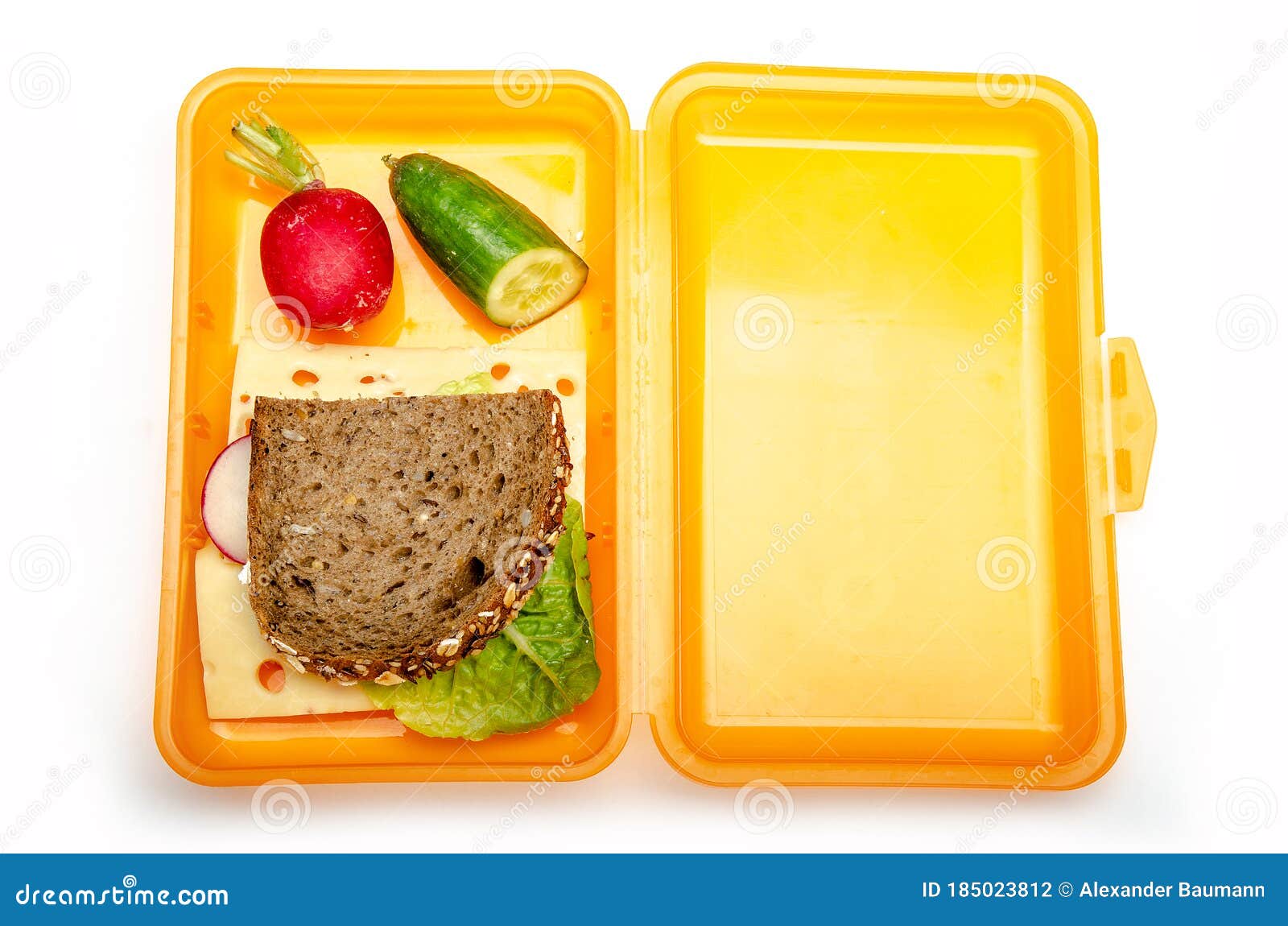 Orange Lunch Box with Bread and Vegetables on White Background ...