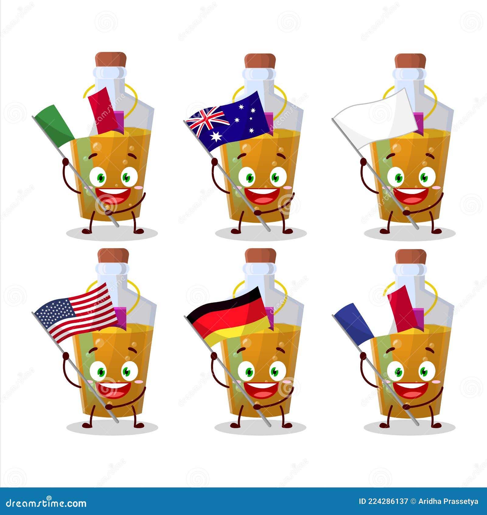 Orange Magic Potion Cartoon Character Bring the Flags of Various ...