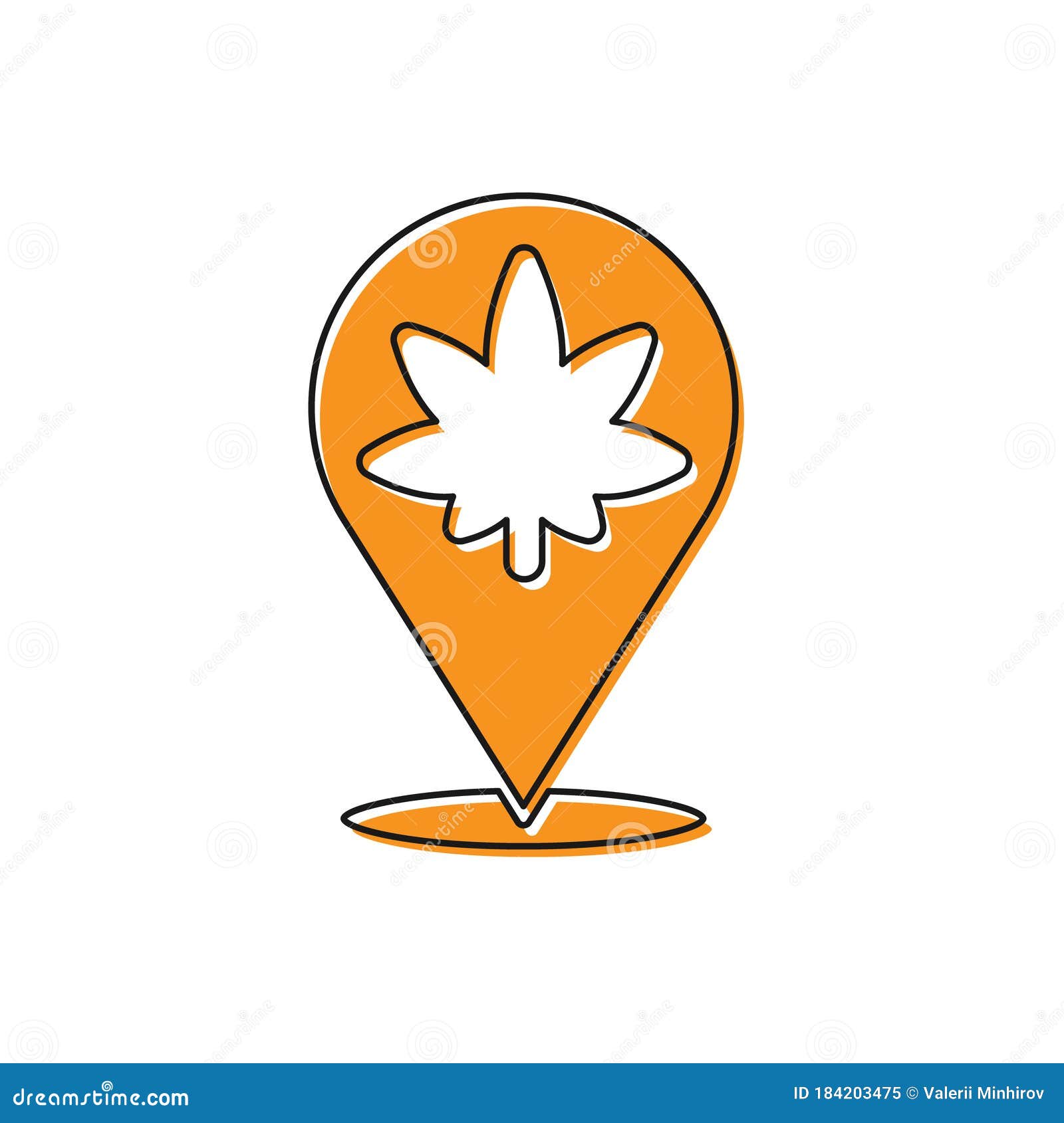 Orange Map Pointer and Marijuana or Cannabis Leaf Icon Isolated on White Background. Hemp Symbol ...