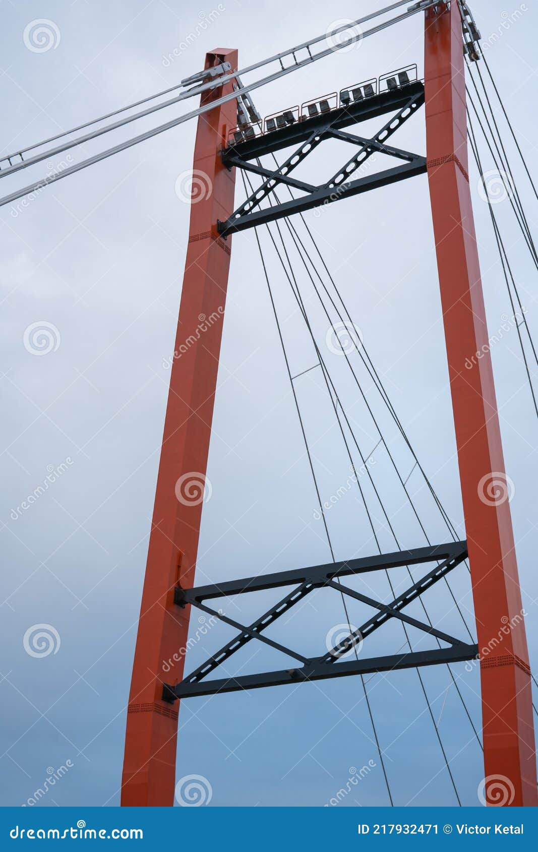The Orange Masts of the Cable-stayed Bridge. Bottom Perspective. Stock ...