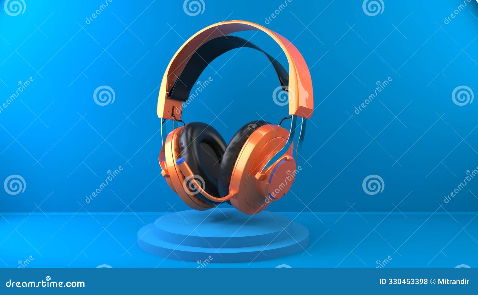 Orange Metallic Modern Headset on Bright Blue Background and Stand ...