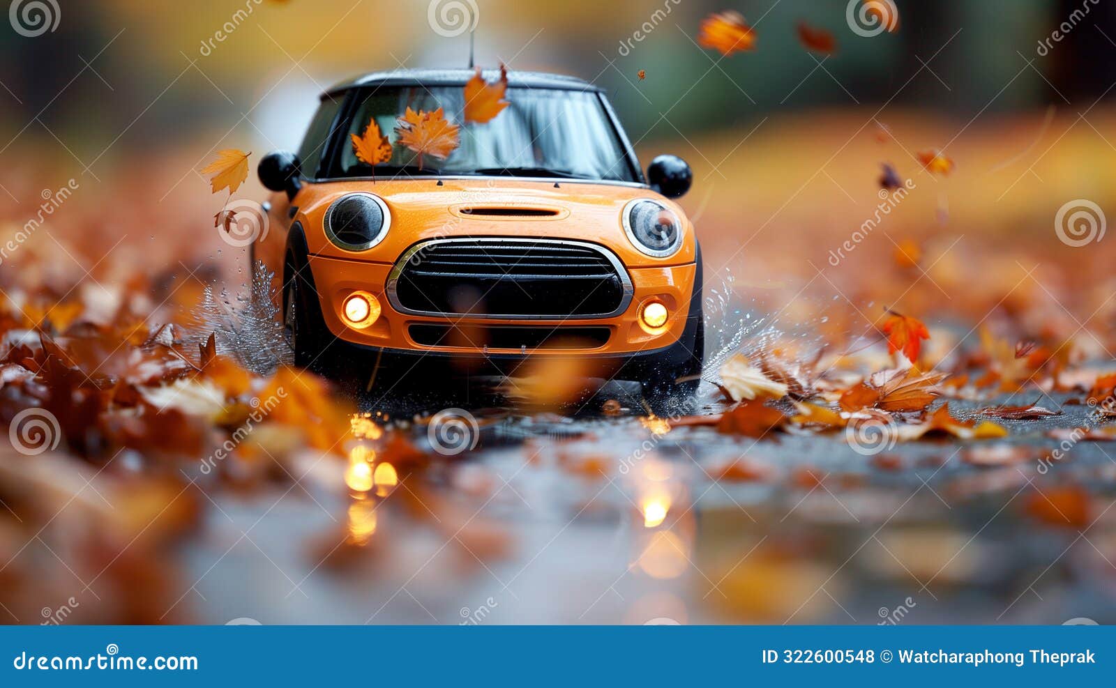 Orange Mini Cooper Splashes through Fall Puddle Stock Illustration ...