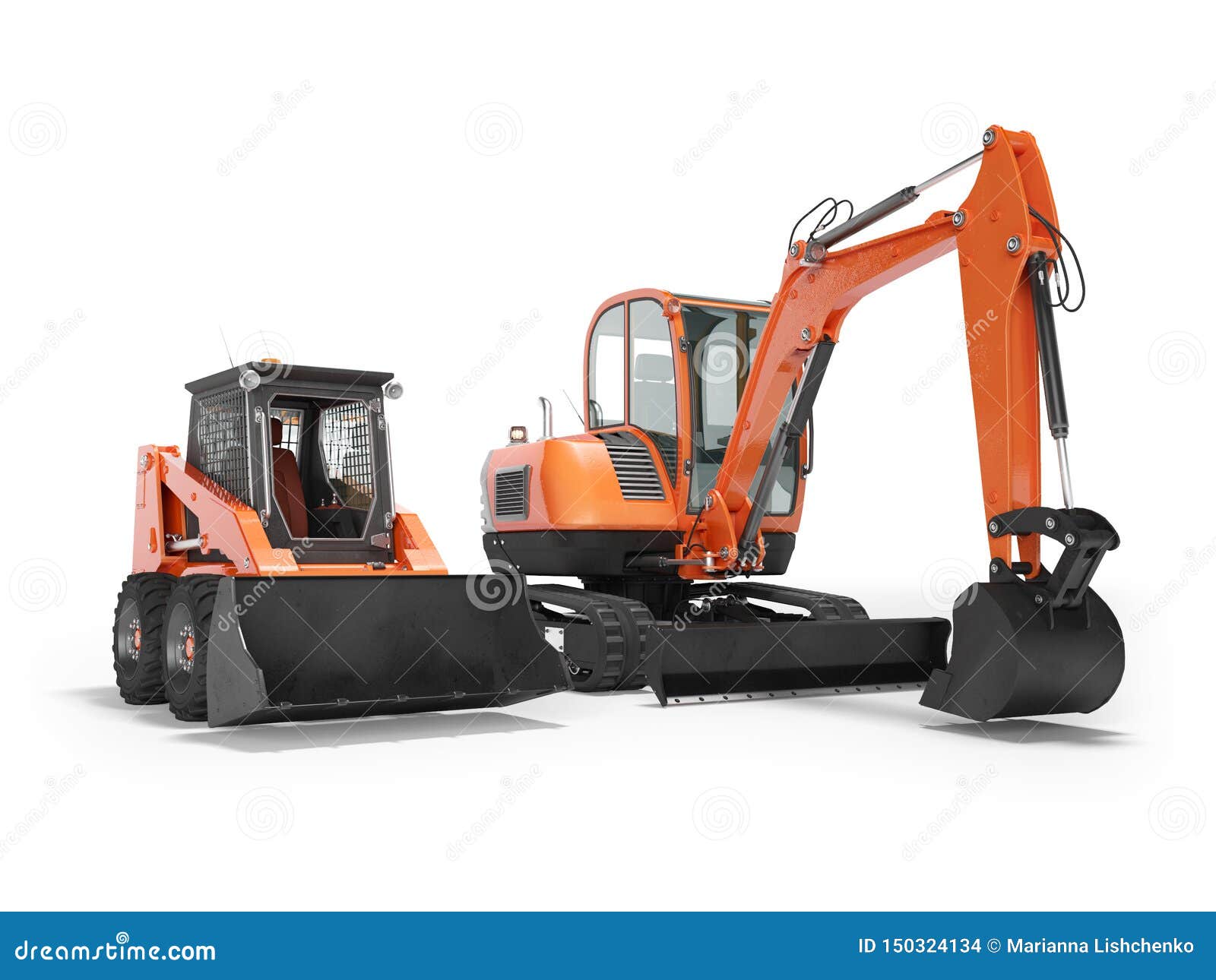 Orange Mini Excavator Tracked on Rubber Run and Mini Loader on Wheels ...