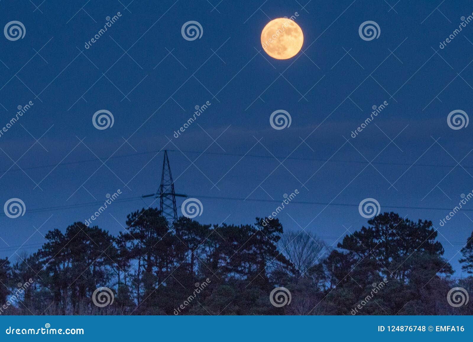 Orange Moon Over a Pylon and Trees Stock Photo - Image of forest ...